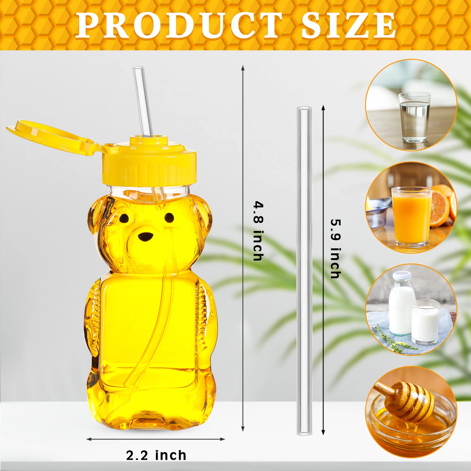 32 Pack Honey Bear Bottle with Straws Empty Plastic Cup Honey Jar Containers Bear Shaped Squeeze Bottle Storing and Dispensing Yellow Flip Top Lid Assistive Drink Cups Honey Bottles Jar (6oz)