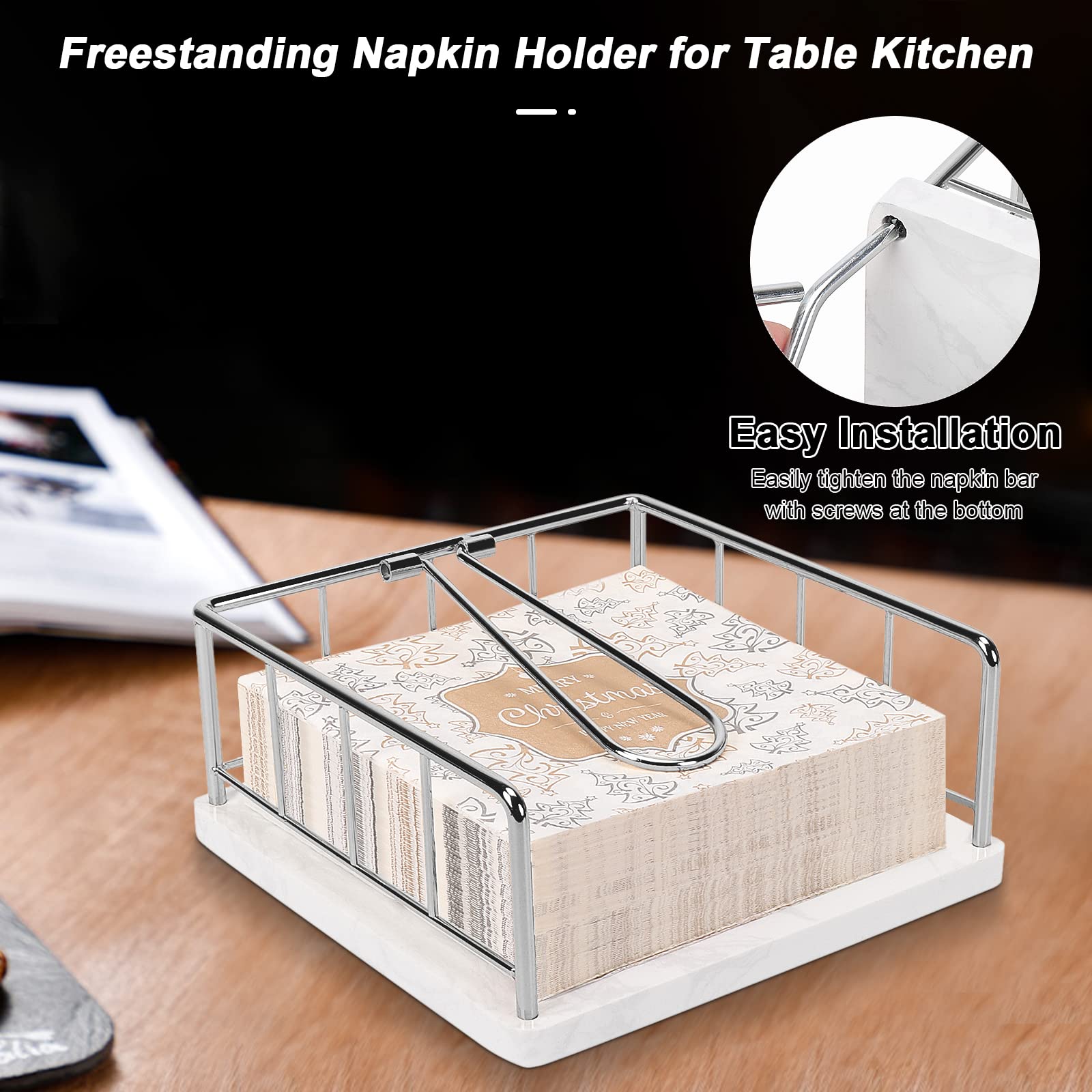 Livabber Flat Napkin Holder, Metal Kitchen Napkin Holder with Weighted Tension Arm Rustic Tissue Paper Dispenser for Countertop, Table Kitchen, Dining Room (With Marble Base, Chrome)