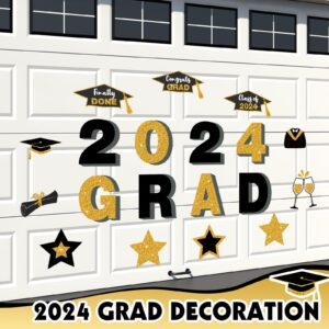 Ferraycle 19 Pieces Graduation Car Magnets Set 2024 Graduation Car Decorations Magnetic Refrigerator Magnet Graduation Party Decoration Waterproof Stickers for Door Garage Fridge (Black and Gold)