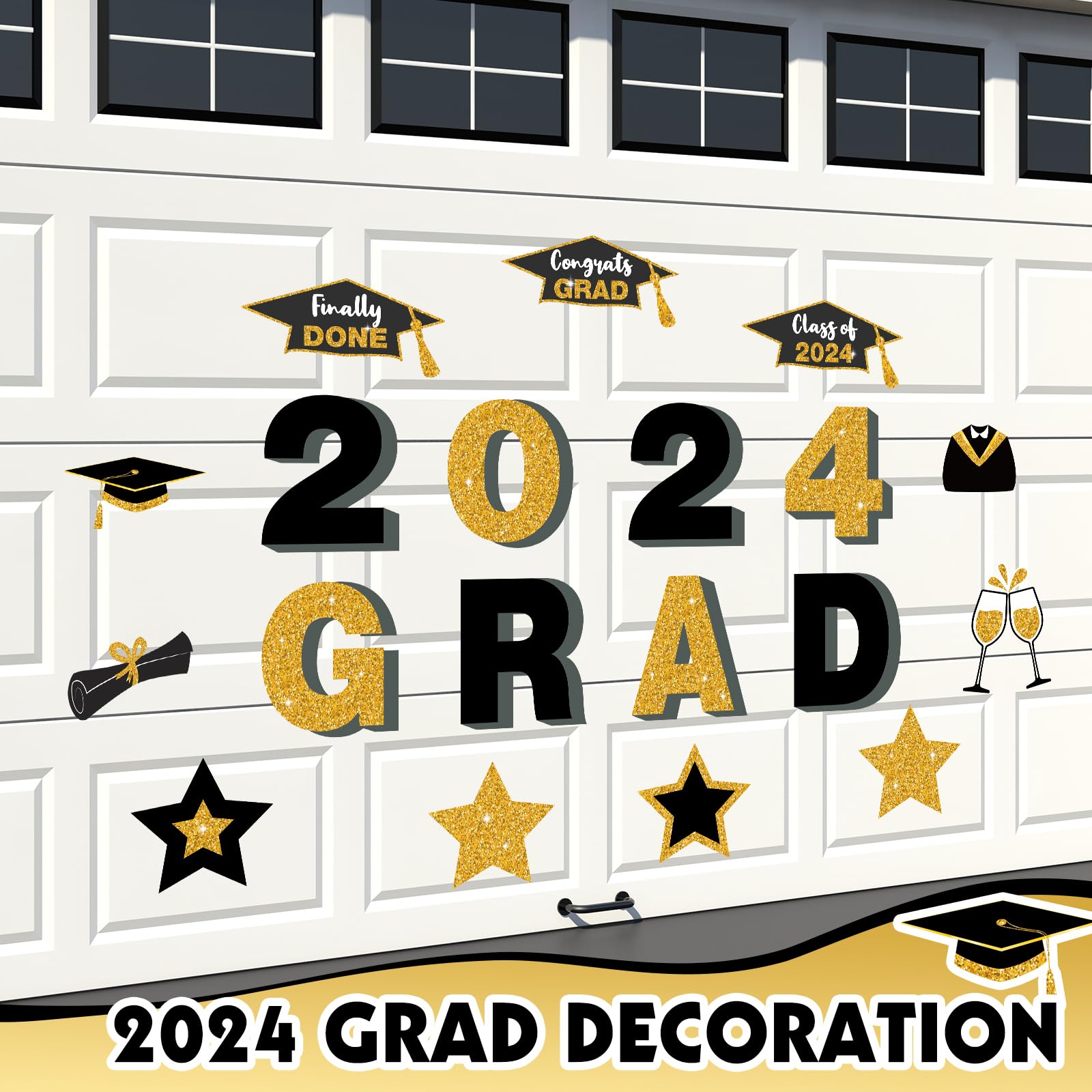 Ferraycle 19 Pieces Graduation Car Magnets Set 2024 Graduation Car Decorations Magnetic Refrigerator Magnet Graduation Party Decoration Waterproof Stickers for Door Garage Fridge (Black and Gold)