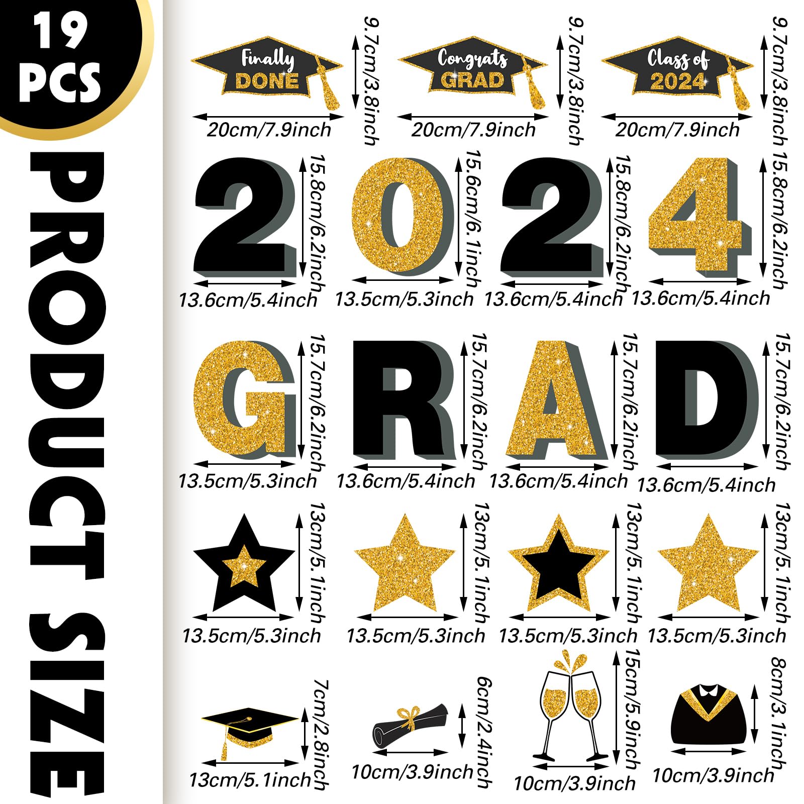 Ferraycle 19 Pieces Graduation Car Magnets Set 2024 Graduation Car Decorations Magnetic Refrigerator Magnet Graduation Party Decoration Waterproof Stickers for Door Garage Fridge (Black and Gold)