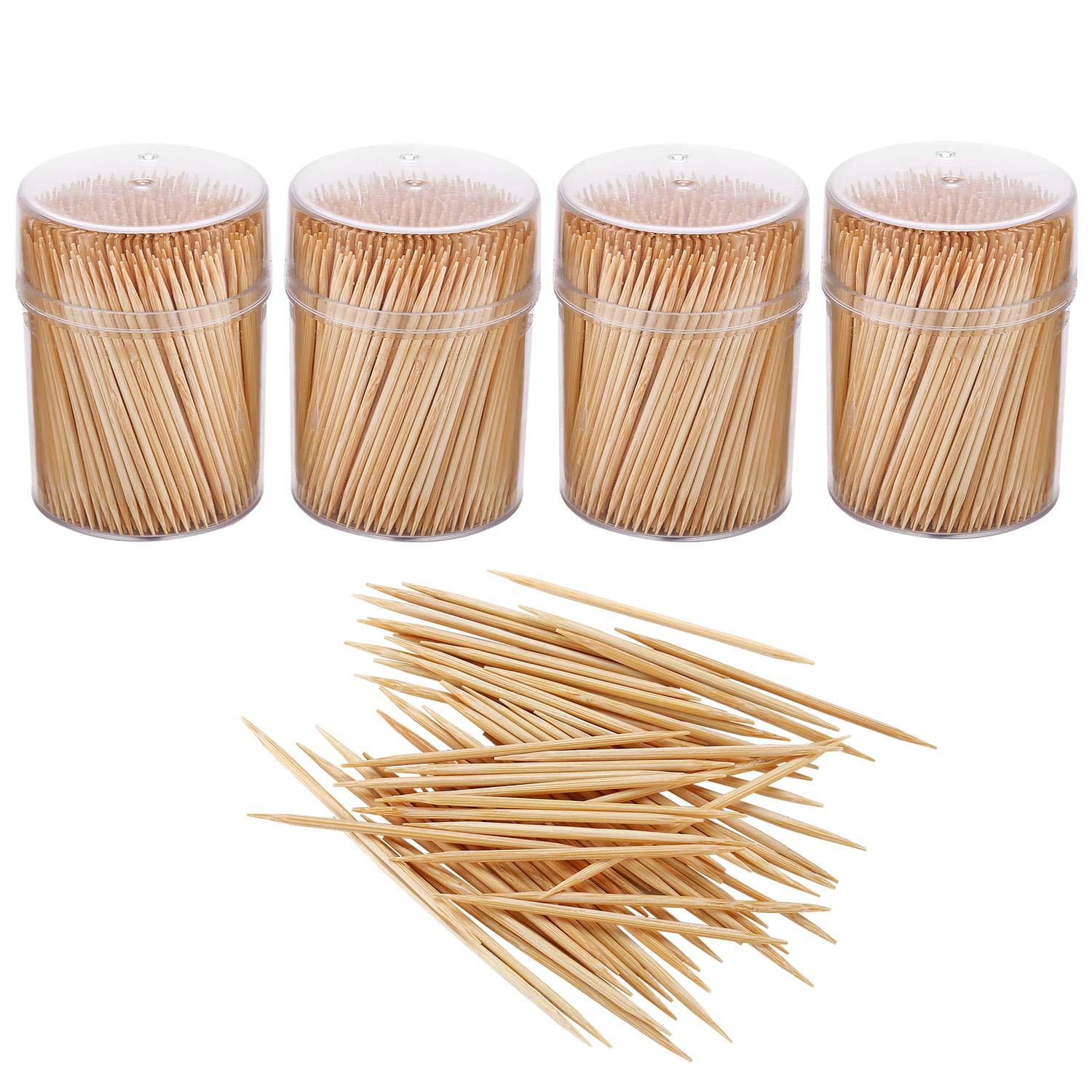 Gmark Bamboo Wooden Toothpicks 1600 Pieces Wood Round Toothpicks in Plastic Storage Holder| Sturdy Double Sided for Party, Olive, Fruit, Teeth Cleaning Toothpicks (4 Packs of 400pc) GM1102