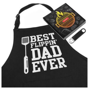 VAGAVY - Best Flippin Dad Ever Dad Apron with Pockets - Bottle Opener and Gift Box Included - Birthday, Father’s Day Grilling Gifts for Papa, Husband - Black Barbeque Apron for Daddy Men