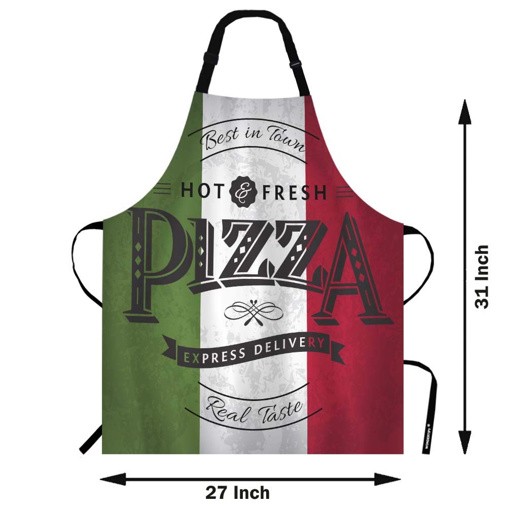 WONDERTIFY Pizza Apron,Best in Town Pizzeria Retro Poster on Grunge Backgrounds Green White Red Bib Apron with Adjustable Neck for Men Women,Suitable for Kitchen Cooking Chef Grill Bistro BBQ Apron