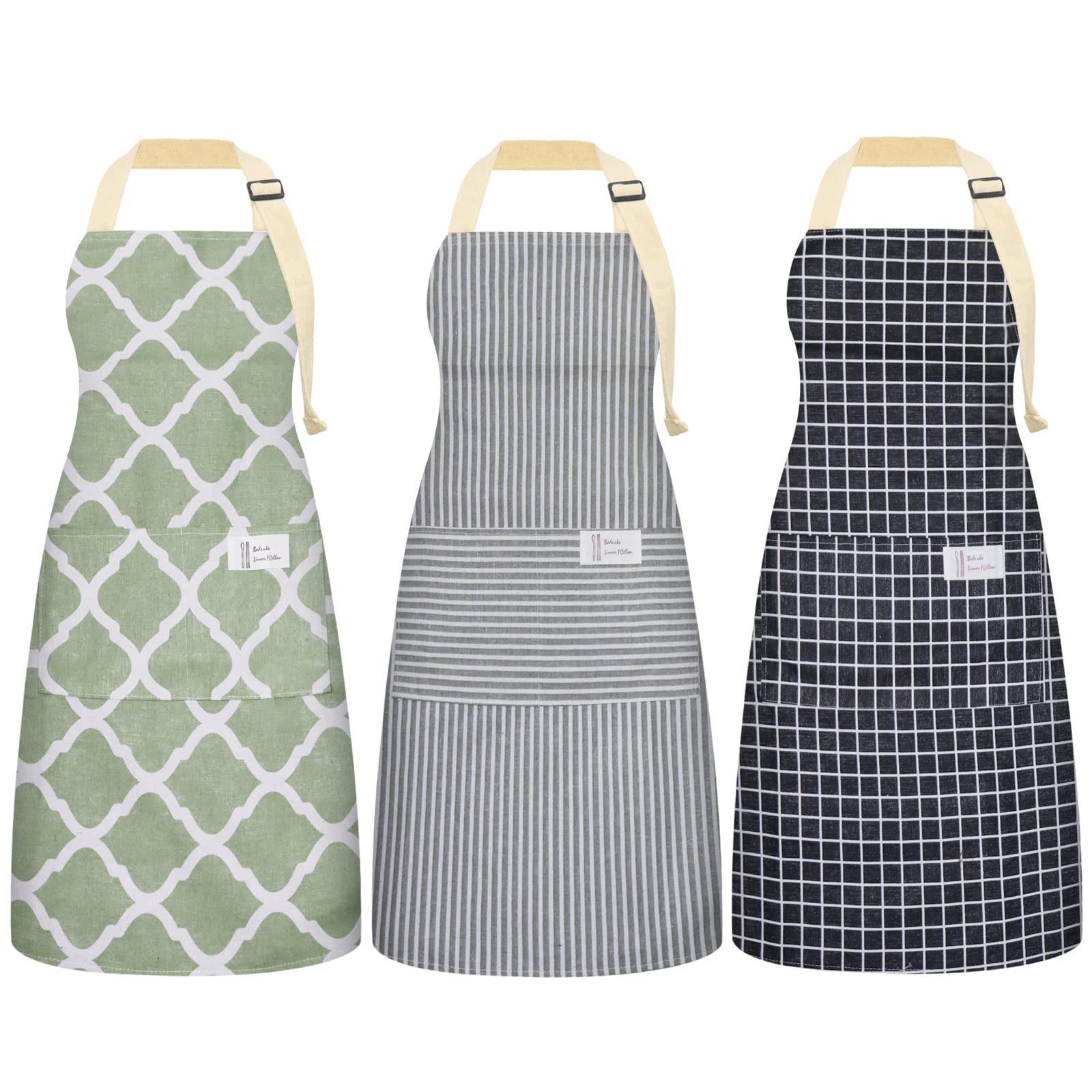 LittleMax 3 Pack Apron for Women with Pockets, Adjustable Cotton Linen Cooking Chef Aprons for Kitchen BBQ Grill