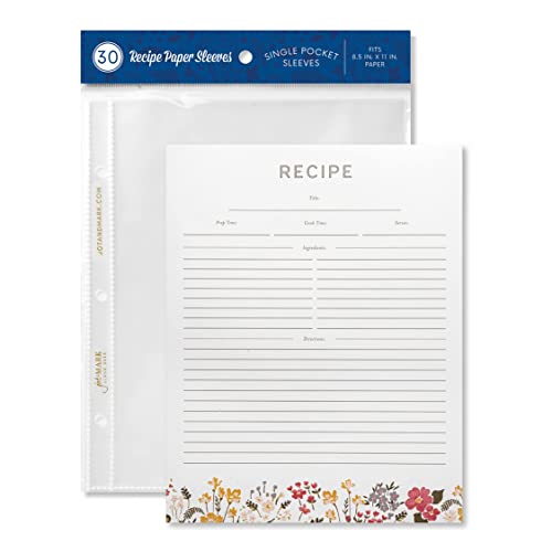 Jot & Mark Recipe Card Paper Full Page 8.5x11 with Crystal Clear Page Protectors for 3 Ring Binder, 30 Count (Midnight Floral)