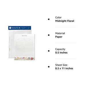 Jot & Mark Recipe Card Paper Full Page 8.5x11 with Crystal Clear Page Protectors for 3 Ring Binder, 30 Count (Midnight Floral)