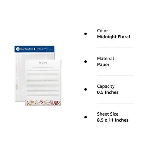 Jot & Mark Recipe Card Paper Full Page 8.5x11 with Crystal Clear Page Protectors for 3 Ring Binder, 30 Count (Midnight Floral)