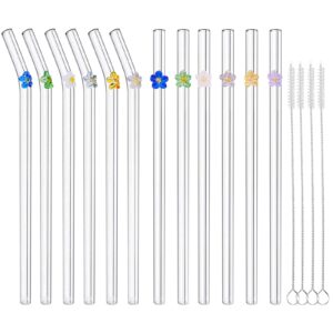 reusable glass straw with flower,shatter resistant bend glass straws with design flower decorative cocktails bar accessories with cleaning brush (16)