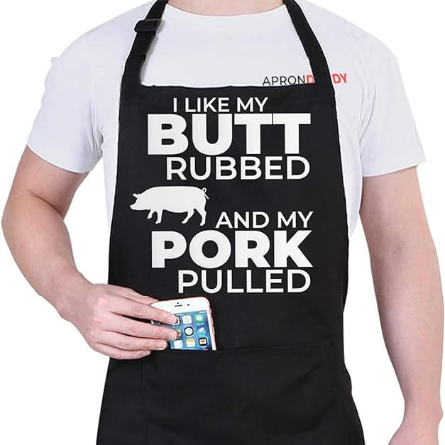 Funny Apron for Men - I Like My Butt Rubbed And My Pork Pulled - Adjustable Large 1 Size Fits All - Poly/Cotton Apron with 2 Pockets - BBQ Gift Apron for Father, Husband, Chef