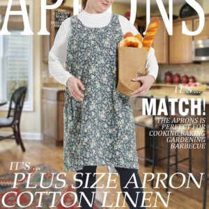 APRONNER Big Plus Size Aprons for Women with Pockets Cotton Linen Baking Kitchen Cooking Pastoral Style