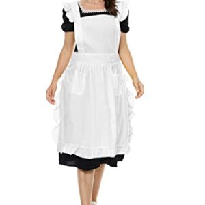 LilMents Long Midi Adjustable Ruffle Apron with Pockets, Small to Plus Size Ladies (White)