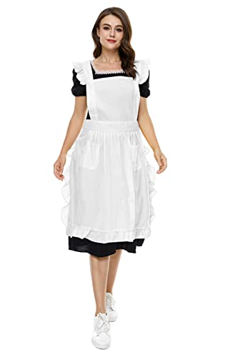 LilMents Long Midi Adjustable Ruffle Apron with Pockets, Small to Plus Size Ladies (White)