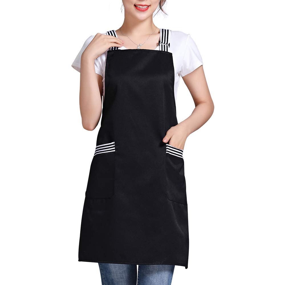 Amytalk 2Pack Crossback Apron for Women Men Chef Comfortable Adjustable Apron Waterdrop Resistant with Large Pockets for Cooking BBQ Drawing(Black)