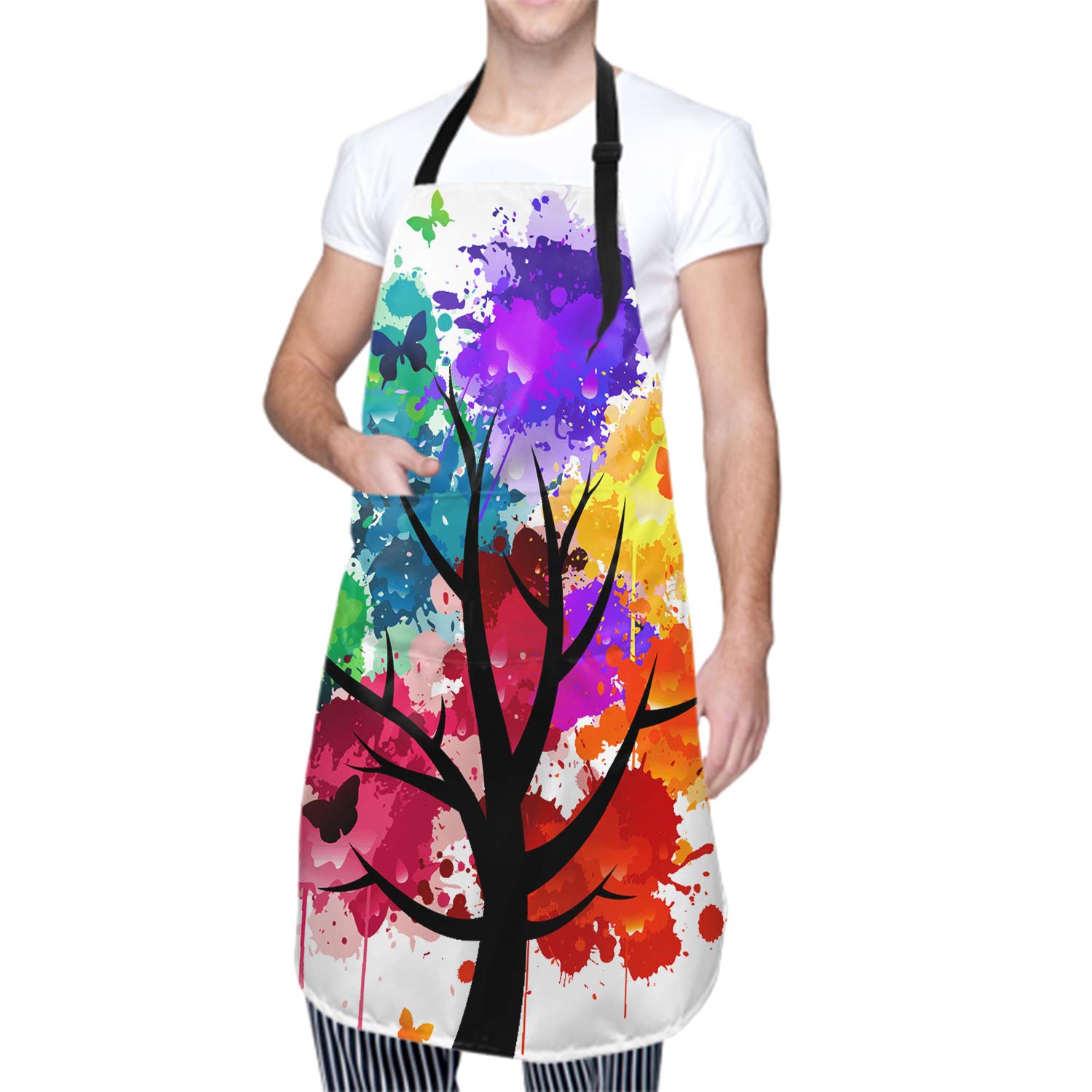 Artist Painting Apron with 2 Pockets Painters Waterproof Colorful Tree Art Aprons Gifts for Artists Women Men Adults Rainbow Butterfly Kitchen Bibs Smocks for Home Garden