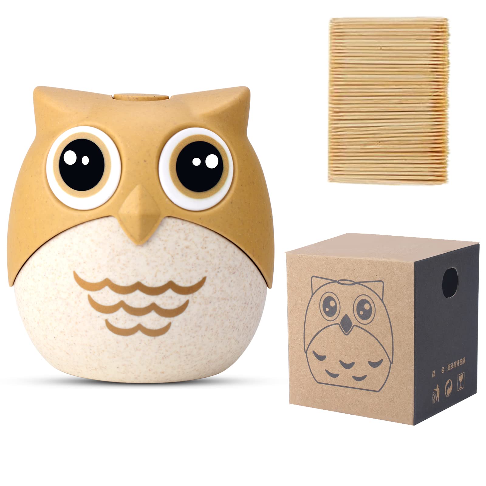 Cute Toothpick Holder Dispenser with 100 Natural Bamboo Toothpicks, Awsaccy Portable Plastic Funny Decorative Toothpick Container Storage Box for Kitchen Restaurant Party Car, Unique Gift Idea (Owl)