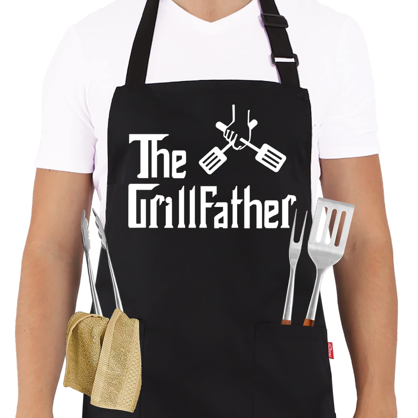 ALIPOBO Funny Grill Aprons for Men Dad - The Grillfather Apron - Funny Chef Cooking Grilling BBQ Apron with 2 Pockets - Birthday Father's Day Christmas Gifts for Dad, Step Dad, Father in Law, Husband