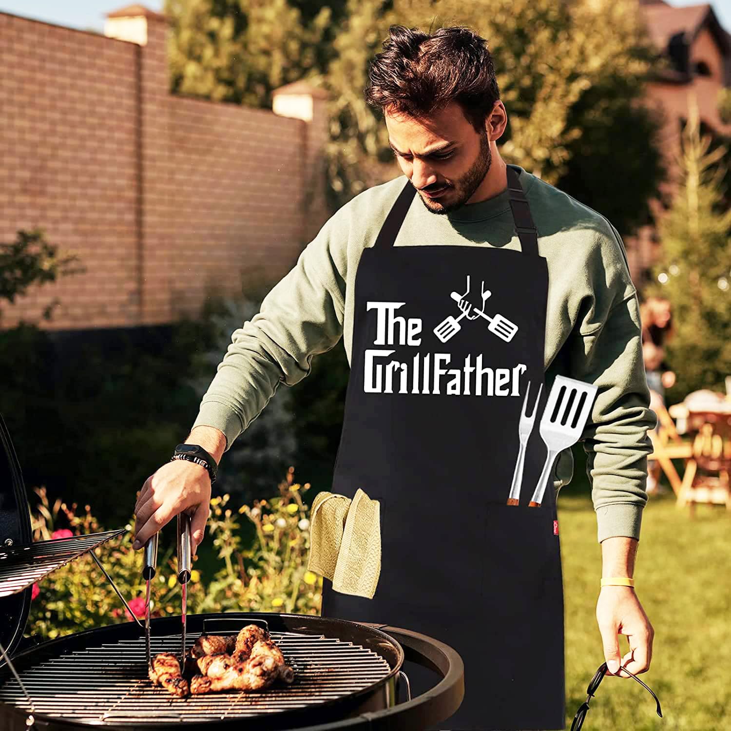 ALIPOBO Funny Grill Aprons for Men Dad - The Grillfather Apron - Funny Chef Cooking Grilling BBQ Apron with 2 Pockets - Birthday Father's Day Christmas Gifts for Dad, Step Dad, Father in Law, Husband