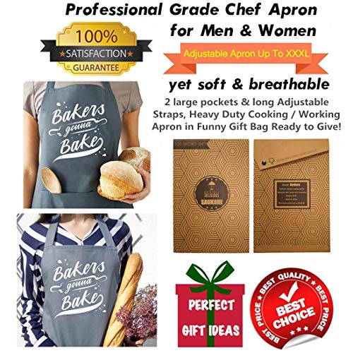 Saukore Funny Baking Aprons for Women Men, Cute Baking Gifts for Bakers, Kitchen Cooking Apron with 2 Pockets - Birthday Housewarming Mother's Day Gifts for Mom Wife Husband Dad Son Sister