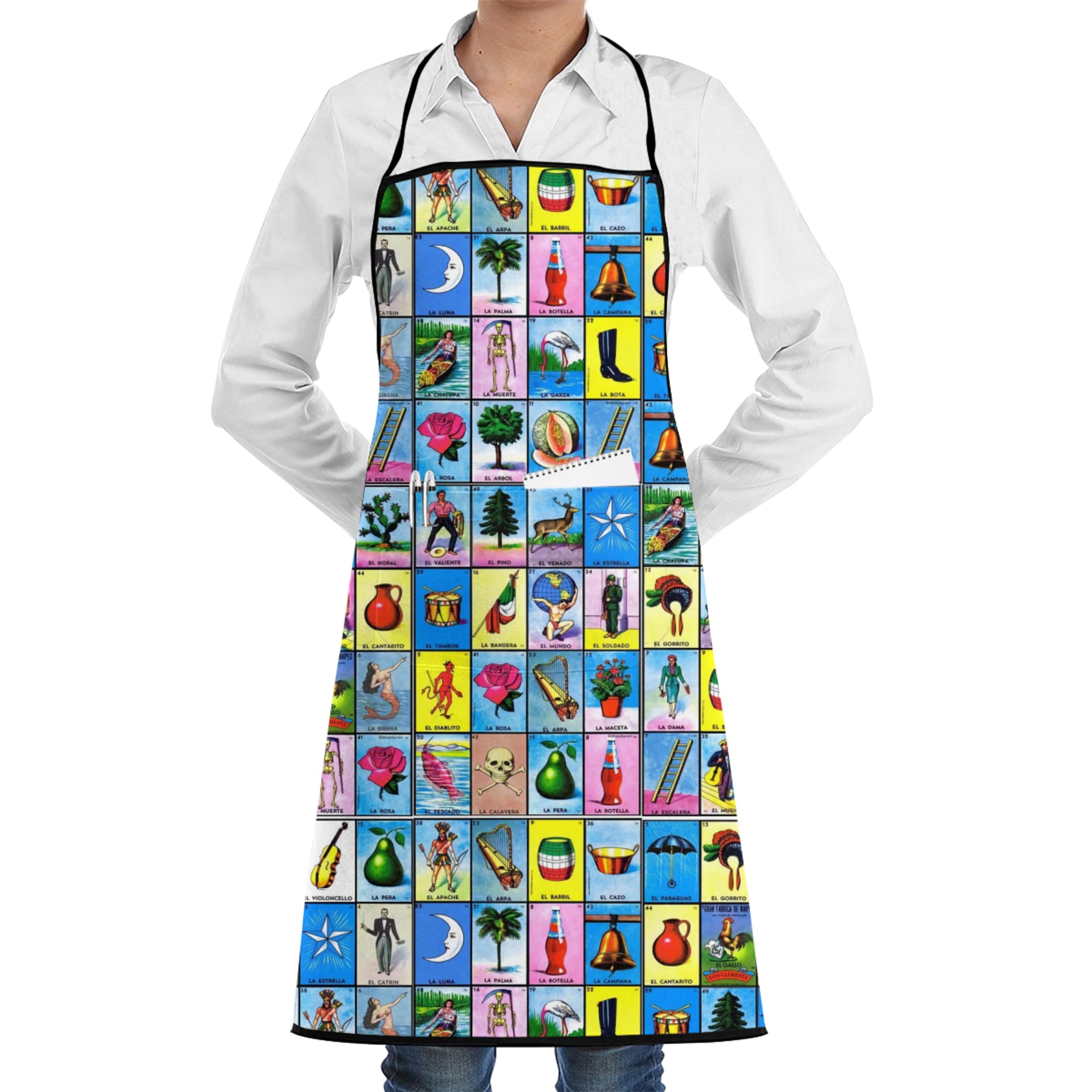 GregTins Colorful Mexican Loteria Cards Apron Bib Apron With Pocket Funny Kitchen Aprons For Women Chef Cooking Aprons For Bbq Drawing,Apron For Birthday,Valentines Day, Mother'S Day, White