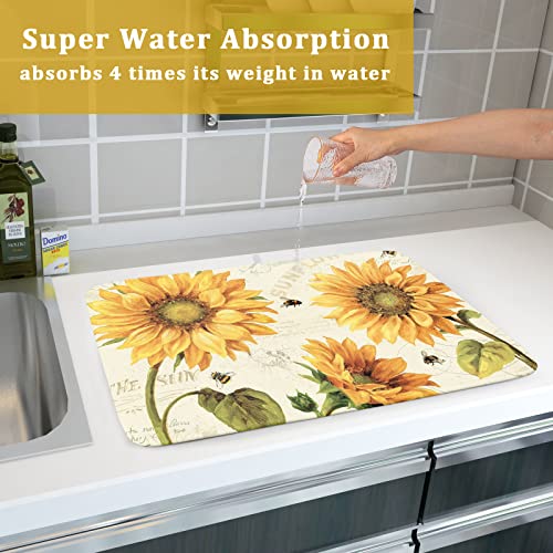 Sunflower Bee Dish Drying Mat for Kitchen Counter Decor 18x24 Inch Floral Absorbent Reversible Microfiber Dish Drying Pad Flower Dish Drainer Rack Mats for Coffee Bar