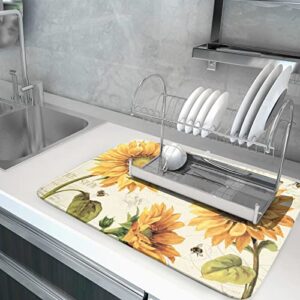 Sunflower Bee Dish Drying Mat for Kitchen Counter Decor 18x24 Inch Floral Absorbent Reversible Microfiber Dish Drying Pad Flower Dish Drainer Rack Mats for Coffee Bar