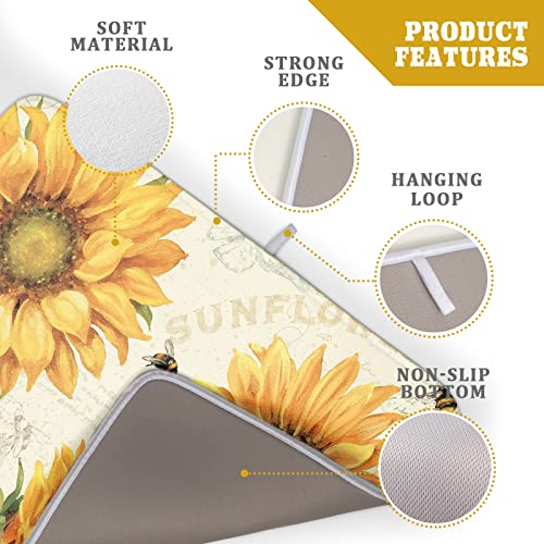 Sunflower Bee Dish Drying Mat for Kitchen Counter Decor 18x24 Inch Floral Absorbent Reversible Microfiber Dish Drying Pad Flower Dish Drainer Rack Mats for Coffee Bar