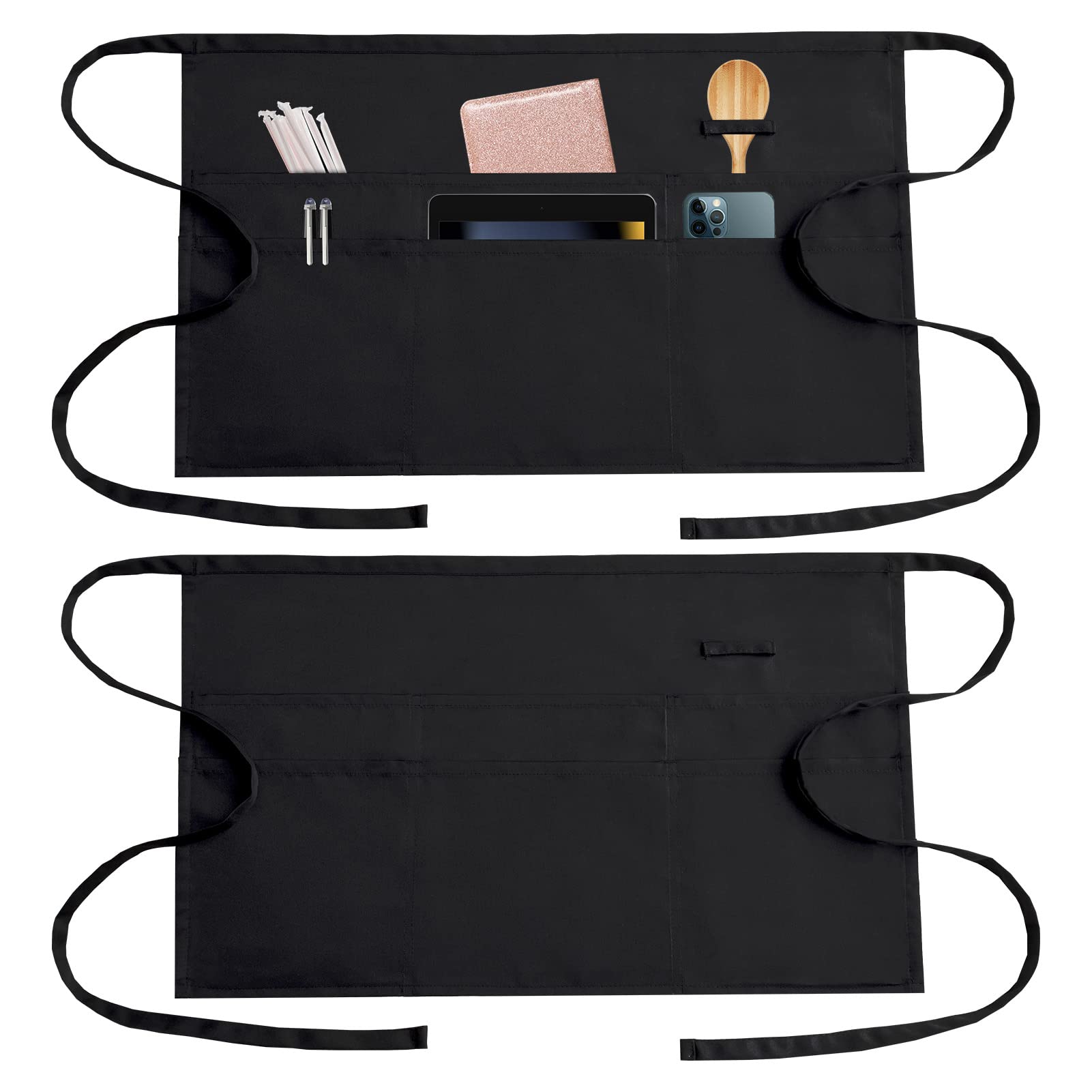 AEKTBY 6 Pockets Black Server Aprons (2 Pack), Half Waist Apron for Unisex Waitress Waiter, Barber, Cleaner