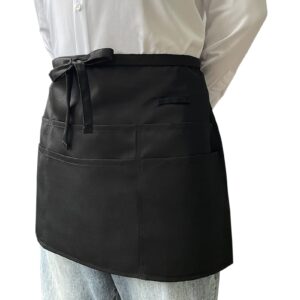 AEKTBY 6 Pockets Black Server Aprons (2 Pack), Half Waist Apron for Unisex Waitress Waiter, Barber, Cleaner