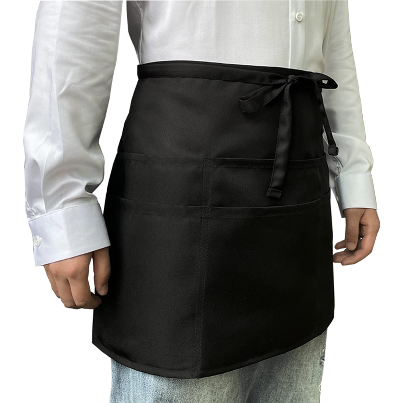 AEKTBY 6 Pockets Black Server Aprons (2 Pack), Half Waist Apron for Unisex Waitress Waiter, Barber, Cleaner