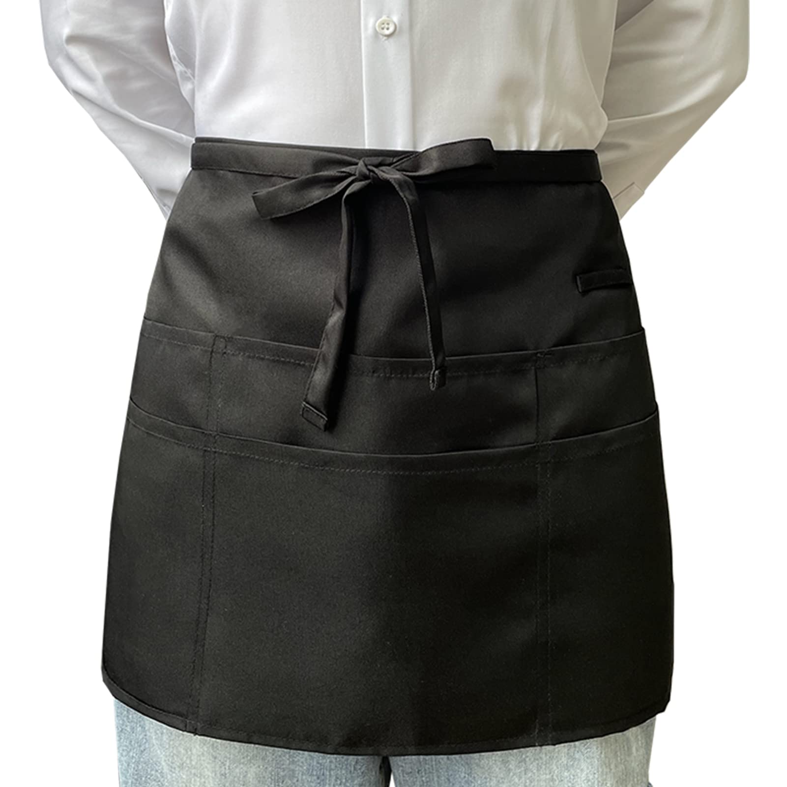 AEKTBY 6 Pockets Black Server Aprons (2 Pack), Half Waist Apron for Unisex Waitress Waiter, Barber, Cleaner