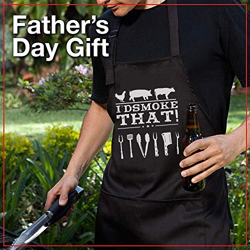 YuanDe Funny Grilling Apron for Men - I'D Smoke That - One Size Fits All - Kitchen Cooking Barbecue Apron with 3 Large Pockets for Dad, Husband, Boyfriend - Black Mens Apron for Outdoor BBQ