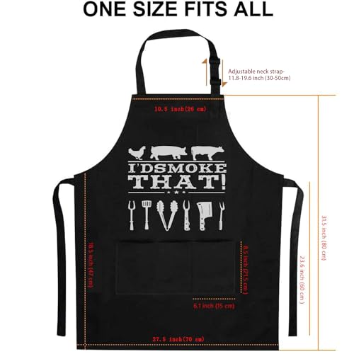 YuanDe Funny Grilling Apron for Men - I'D Smoke That - One Size Fits All - Kitchen Cooking Barbecue Apron with 3 Large Pockets for Dad, Husband, Boyfriend - Black Mens Apron for Outdoor BBQ