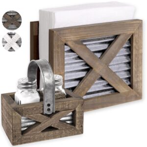 autumn alley farmhouse napkin holder and adorable farmhouse salt and pepper shakers set with wood holder - barn door motif, galvanized metal - upright rustic napkin holder rustic kitchen décor (brown)