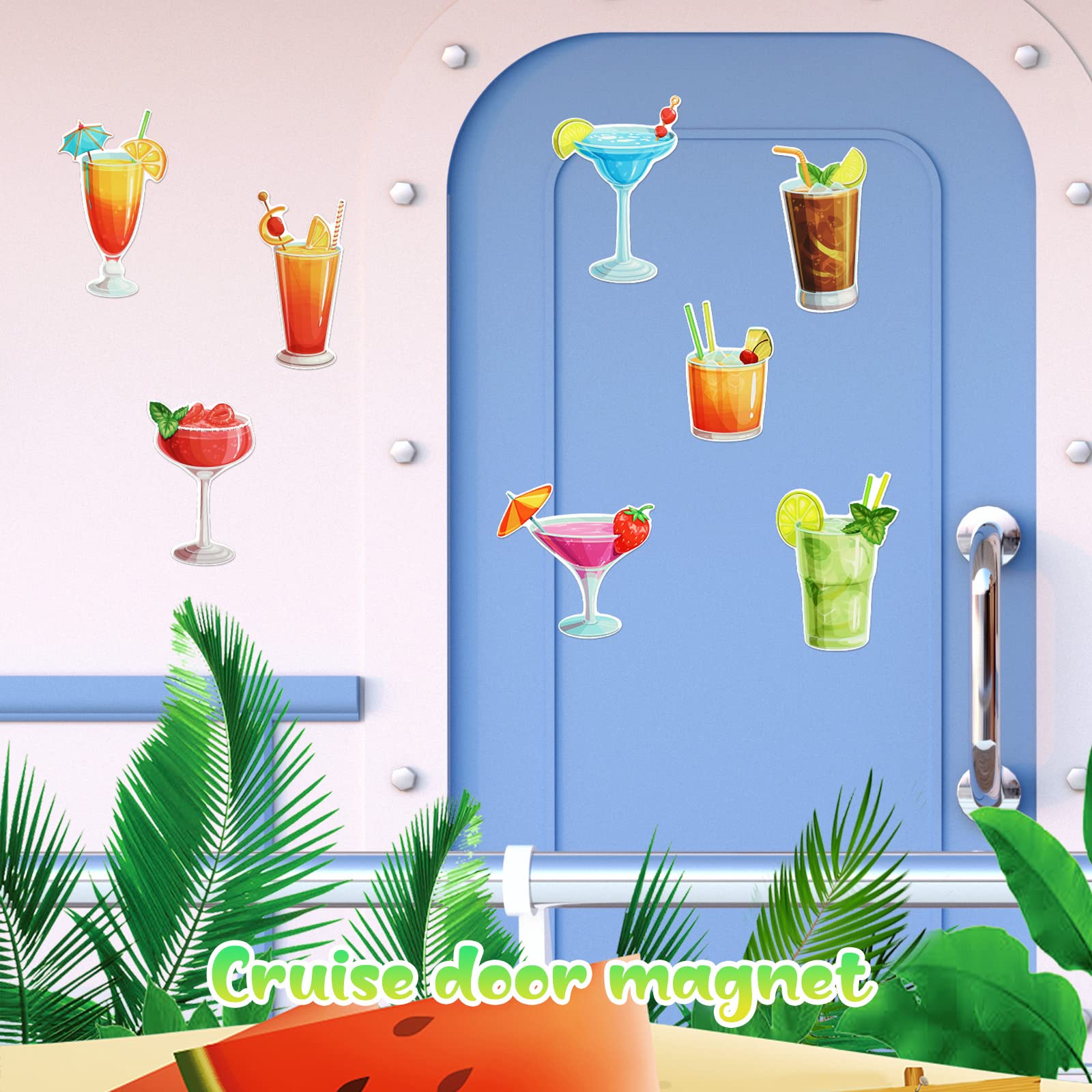 Cruise Door Magnets Stickers Summer Beach Tropical Drink Cruise Ship Door Decoration 8 Pcs Hawaiian Funny Cruise Car Magnetic Lemon Cocktail Door Stickers Fridge Decals for Carnival Cabin Kitchen