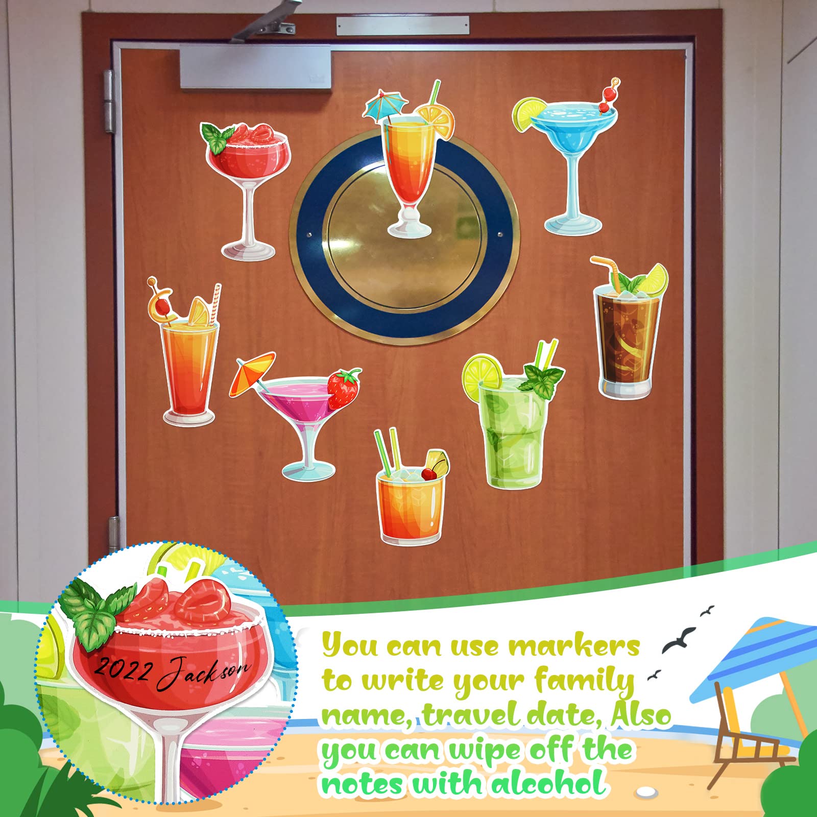 Cruise Door Magnets Stickers Summer Beach Tropical Drink Cruise Ship Door Decoration 8 Pcs Hawaiian Funny Cruise Car Magnetic Lemon Cocktail Door Stickers Fridge Decals for Carnival Cabin Kitchen