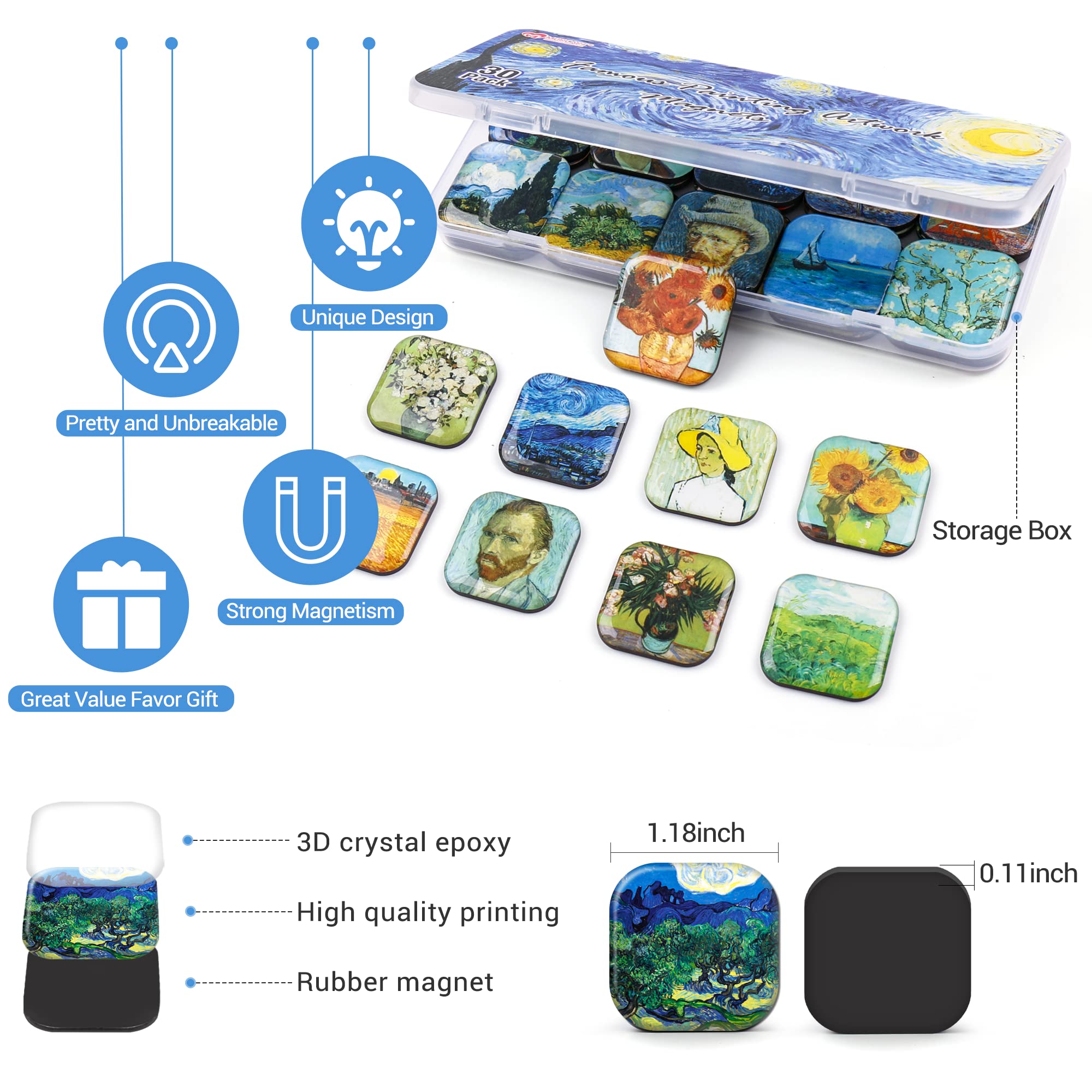 MORCART 30Pack Decorative Magnets Art Fridge Magnets Cute Refrigerator Magnets Glass Magnets for Locker Whiteboard School Office and Kitchen (Vangogh)