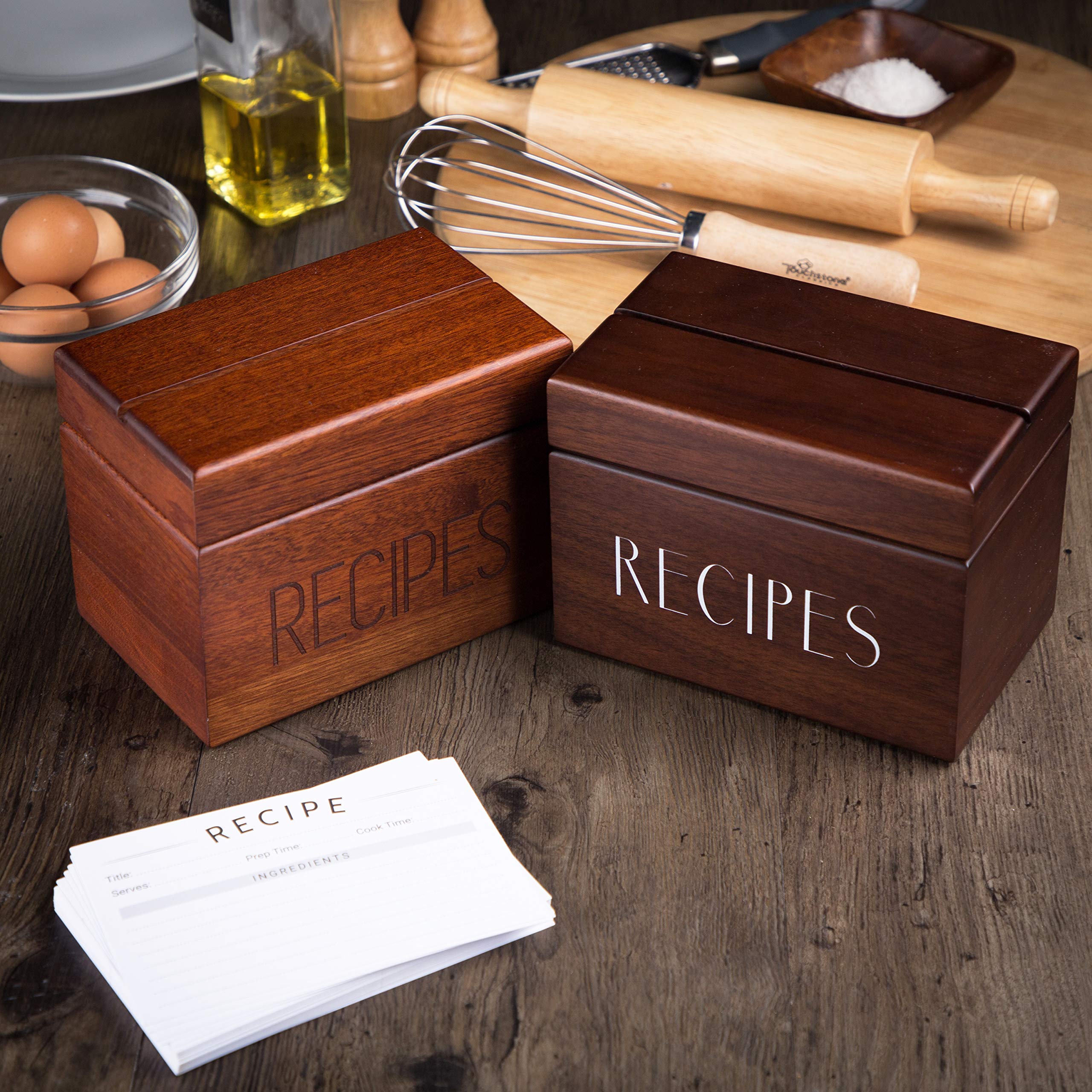 Walnut Recipe Box with Cards and Dividers by Apace - Vintage Style Wood 4x6 Recipe Holder Card Box - Exclusively from the Apace Living Premier Collection - Fits 240 Cards