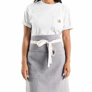 Caldo Linen Bistro Cafe Apron - Professional Grade with Pockets, Half Kitchen Apron, Mid Length 23 x 23, 40 Inch Waist Ties - Durable Unisex Uniform- Server or Chef (Grey)