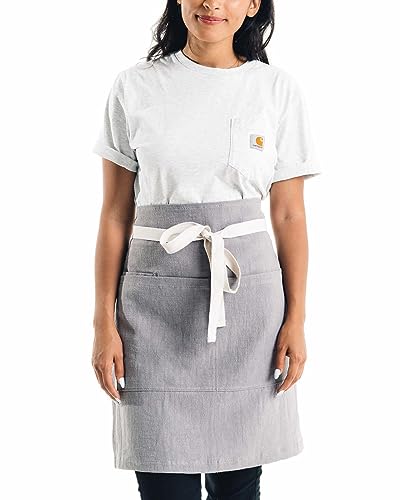 Caldo Linen Bistro Cafe Apron - Professional Grade with Pockets, Half Kitchen Apron, Mid Length 23 x 23, 40 Inch Waist Ties - Durable Unisex Uniform- Server or Chef (Grey)