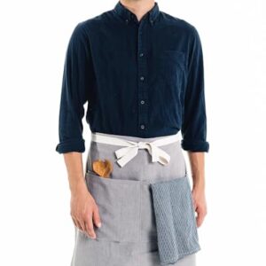 Caldo Linen Bistro Cafe Apron - Professional Grade with Pockets, Half Kitchen Apron, Mid Length 23 x 23, 40 Inch Waist Ties - Durable Unisex Uniform- Server or Chef (Grey)