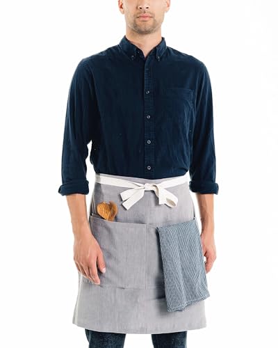 Caldo Linen Bistro Cafe Apron - Professional Grade with Pockets, Half Kitchen Apron, Mid Length 23 x 23, 40 Inch Waist Ties - Durable Unisex Uniform- Server or Chef (Grey)