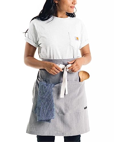 Caldo Linen Bistro Cafe Apron - Professional Grade with Pockets, Half Kitchen Apron, Mid Length 23 x 23, 40 Inch Waist Ties - Durable Unisex Uniform- Server or Chef (Grey)