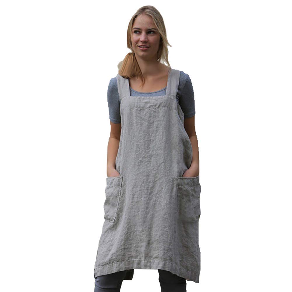 Women’s Pinafore Square Apron Baking Cooking Gardening Works Cross Back Cotton/Linen Blend Dress with 2 Pockets Gray