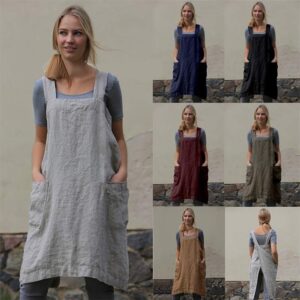 Women’s Pinafore Square Apron Baking Cooking Gardening Works Cross Back Cotton/Linen Blend Dress with 2 Pockets Gray