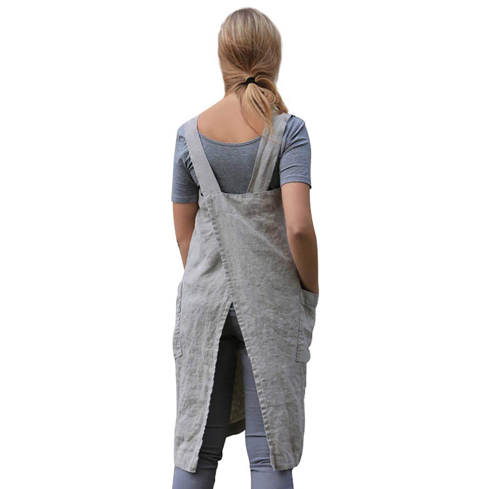 Women’s Pinafore Square Apron Baking Cooking Gardening Works Cross Back Cotton/Linen Blend Dress with 2 Pockets Gray