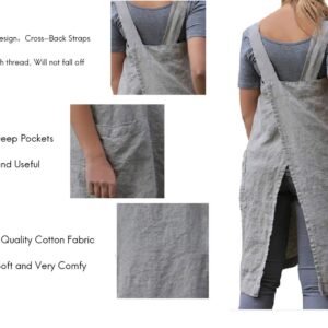 Women’s Pinafore Square Apron Baking Cooking Gardening Works Cross Back Cotton/Linen Blend Dress with 2 Pockets Gray