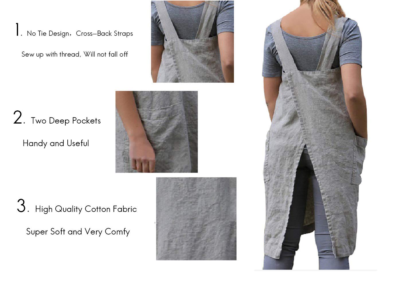 Women’s Pinafore Square Apron Baking Cooking Gardening Works Cross Back Cotton/Linen Blend Dress with 2 Pockets Gray