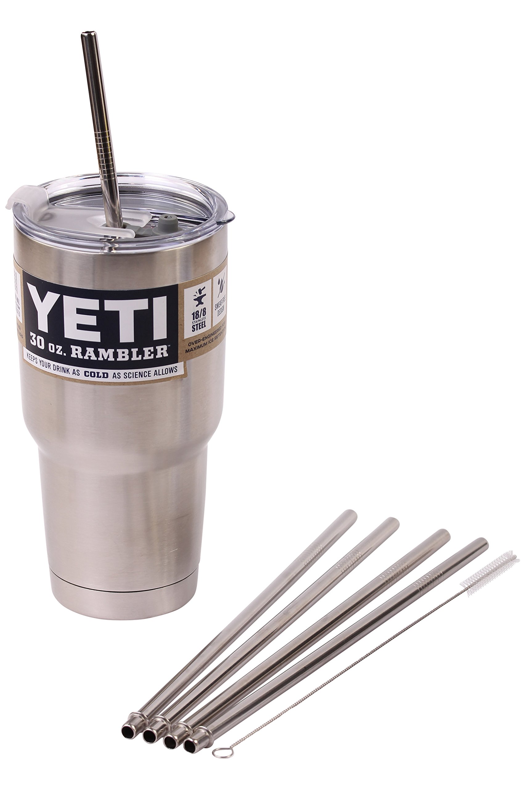 4 WIDE Stainless Steel Straws + Straw hole LID Extra LONG fits 30 oz Yeti Tumbler Rambler Cups - CocoStraw Brand Drinking Straw (4 WIDE straws + Straw Lid)