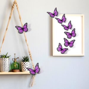 Monarch Butterfly Decorations Halloween Butterfly Wall Decor 4.7 inch Orange Artificial Fake Butterflies for Crafts 3D Magnet for Home Wall Wedding Bedroom (Purple, 24 Pieces)